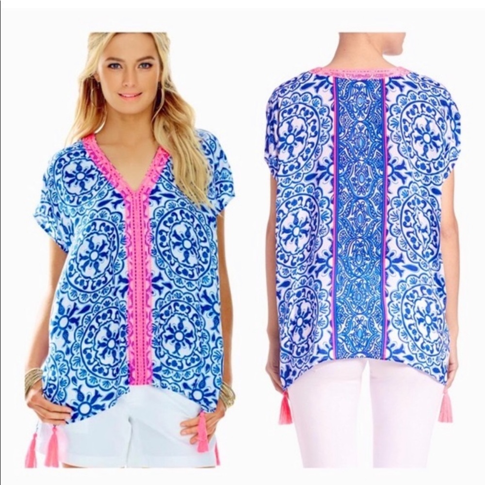 Lilly Pulitzer Sydney Caftan Blue, Pink & White Top S… - Gem